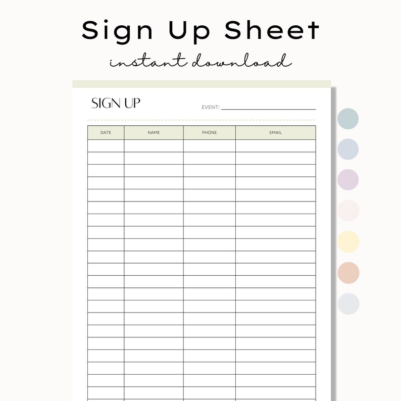 Printable Sign up Sheet, Contact Sheet, Event Sign up Form, Party Sign ...