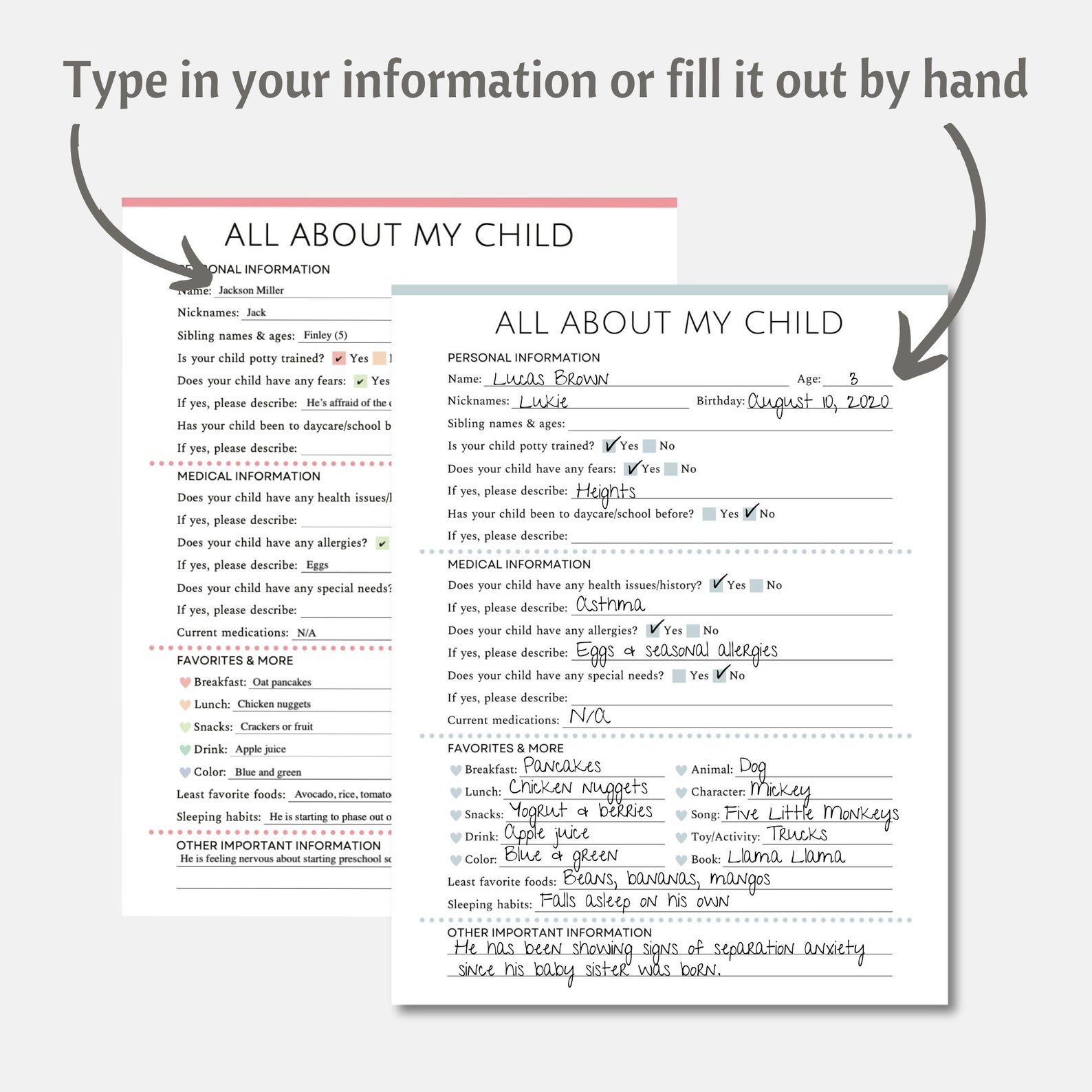 Editable Daycare All About Me Form, Printable Child Information Sheet ...