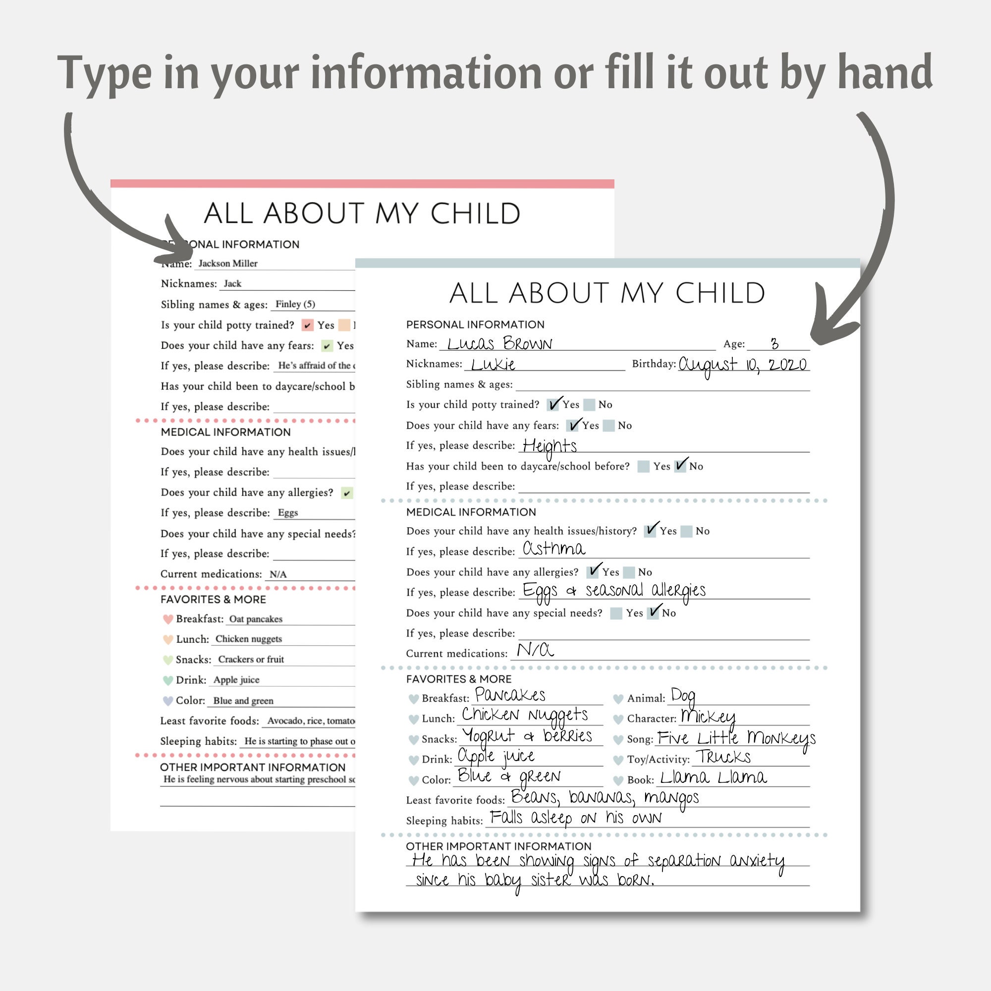 Editable Daycare All About Me Form, Printable Child Information Sheet ...