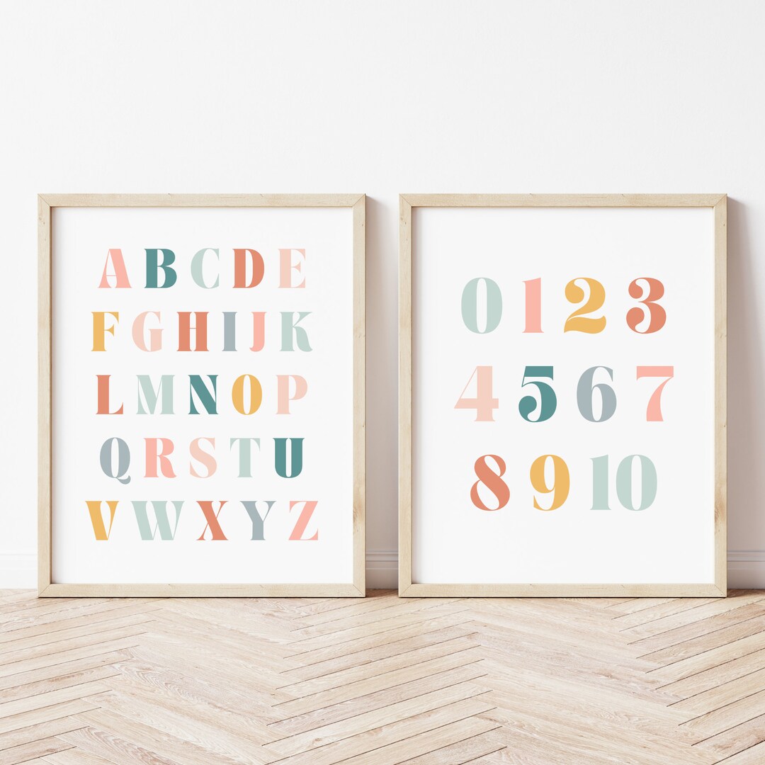 Set of 2 Colorful Alphabet Poster, Multicolor Alphabet Numbers Print ...