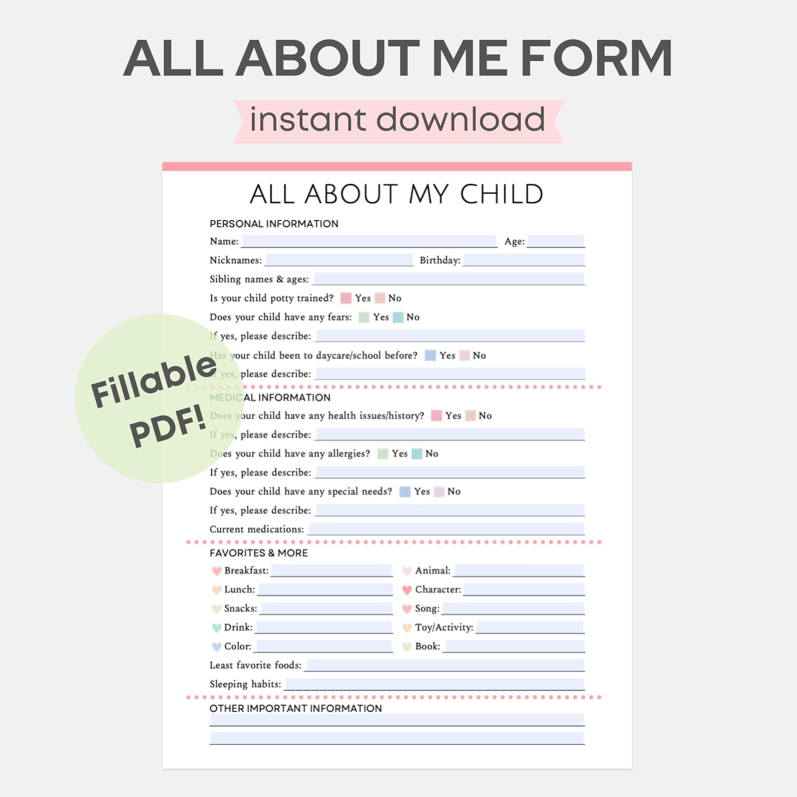Child Info Sheet Printable, Fillable Daycare All About Me Form, Preschool About Me Sheet ...