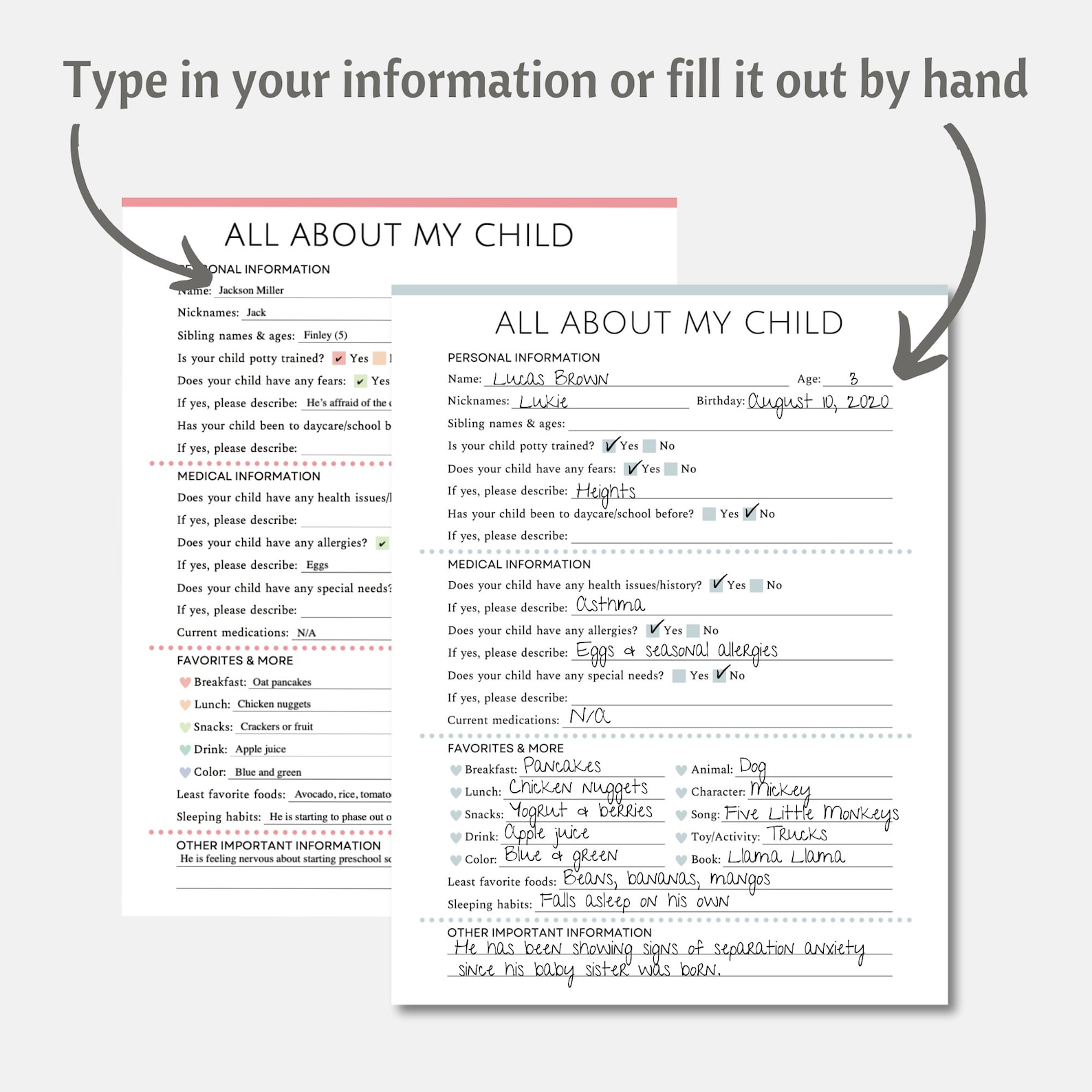 Child Info Sheet Printable, Fillable Daycare All About Me Form ...