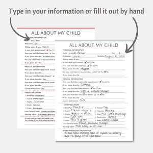 Child Info Sheet Printable, Fillable Daycare All About Me Form ...