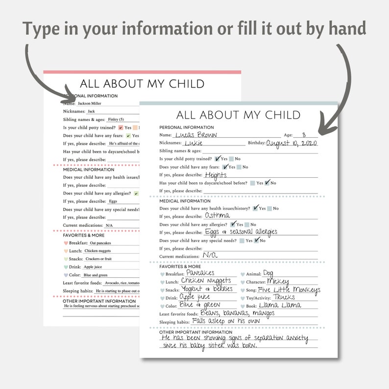 Child Info Sheet Printable, Fillable Daycare All About Me Form ...