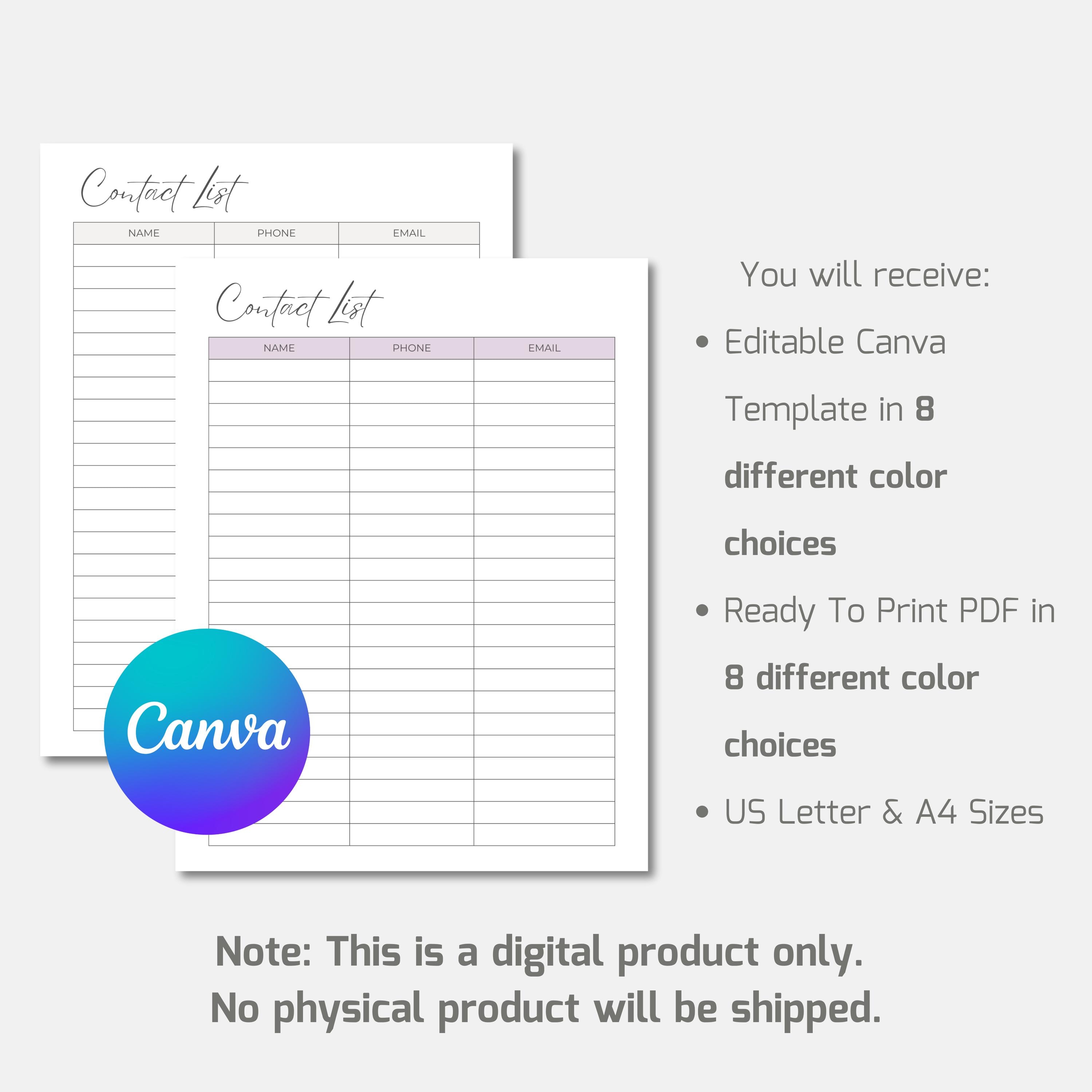 Editable Contact List Canva Template, Printable Contact List Sheet ...