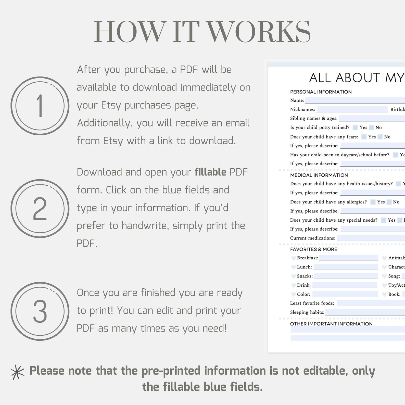 Child Info Sheet Printable, Fillable Daycare All About Me Form ...