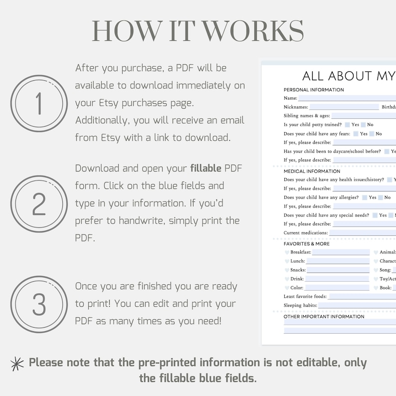 Child Info Sheet Printable, Fillable Daycare All About Me Form ...