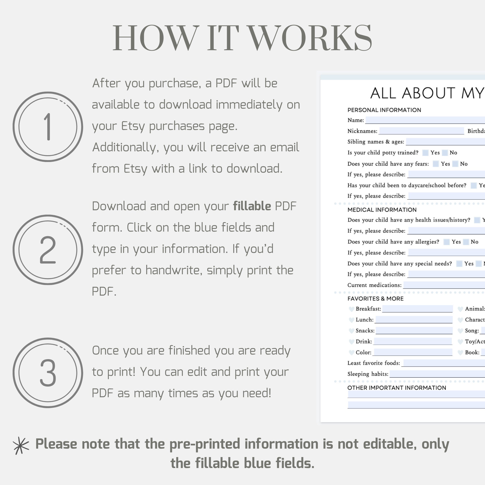 Child Info Sheet Printable, Fillable Daycare All About Me Form ...