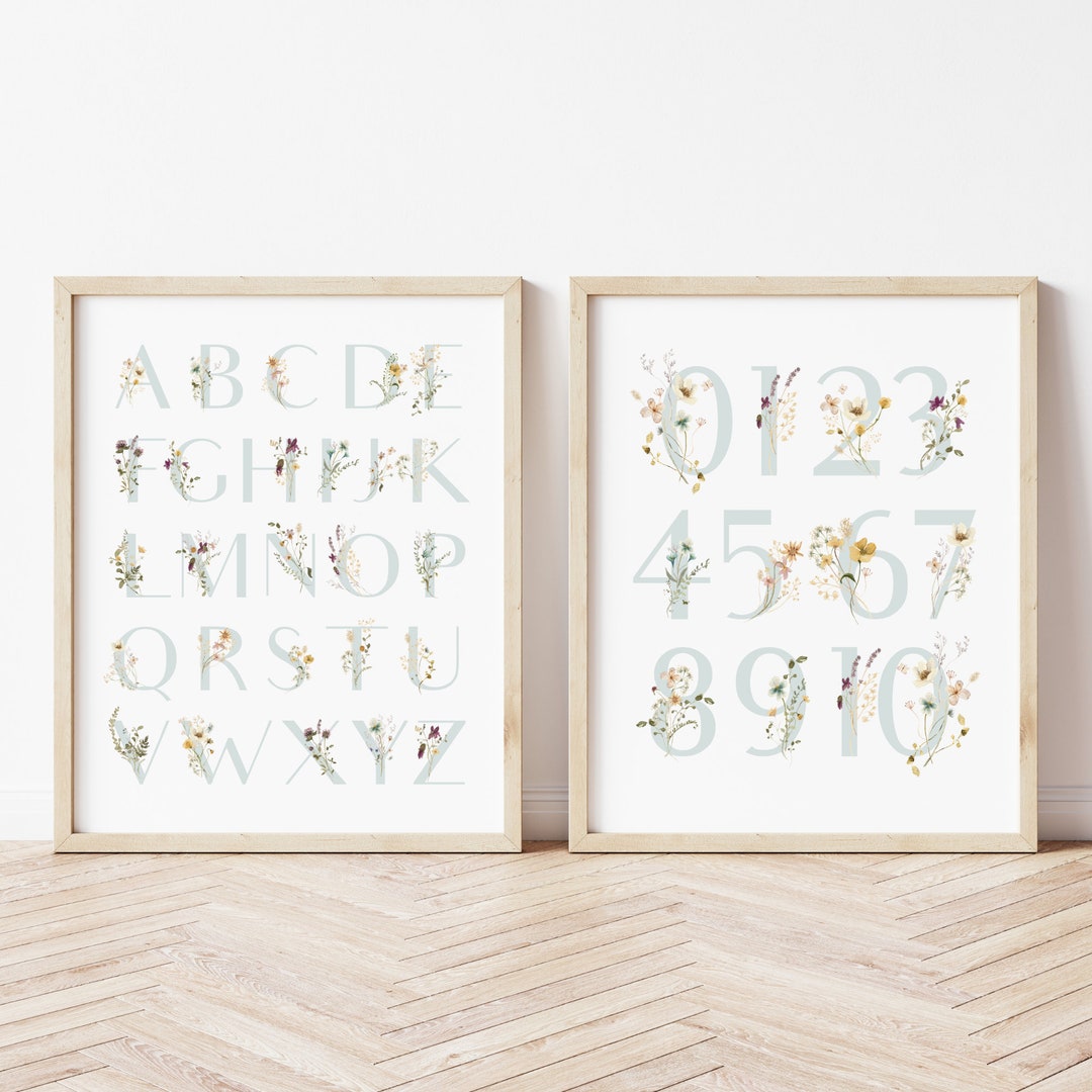 Set of 2 Wildflowers Alphabet Numbers Poster, Floral Alphabet Print ...
