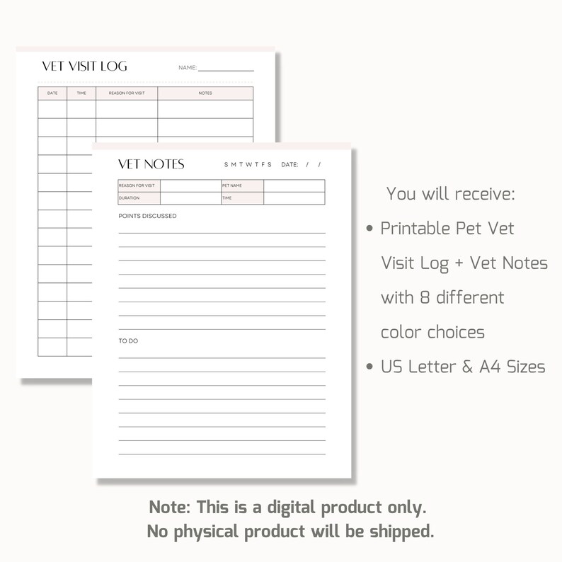Printable Pet Vet Visit Log, Vet Notes, Dog Vet Visit, Cat Vet Visit ...