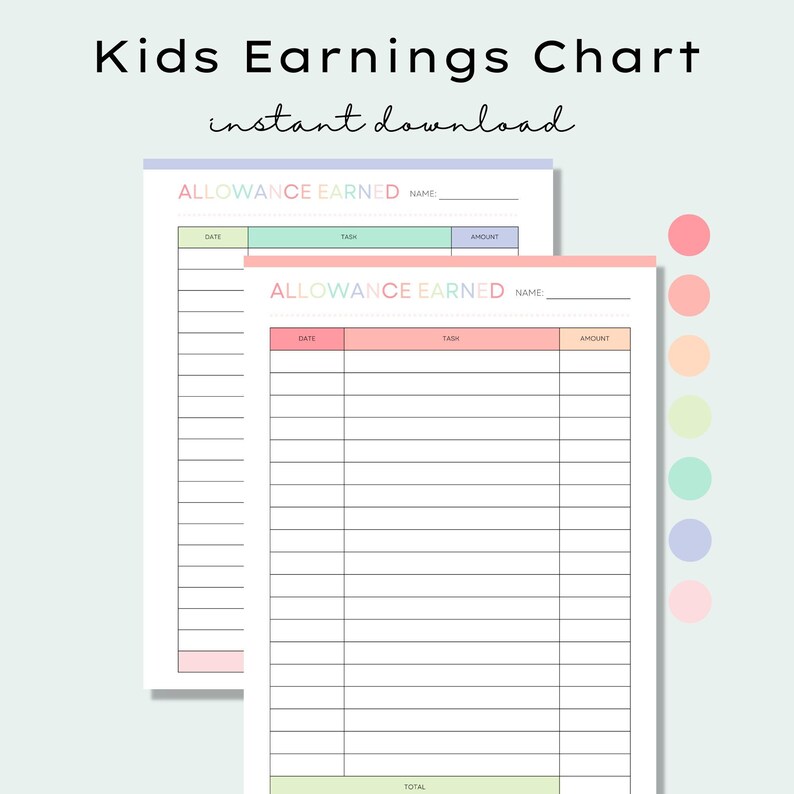 Printable Kids Allowance Chart, Allowance Tracker, Kids Savings Tracker ...
