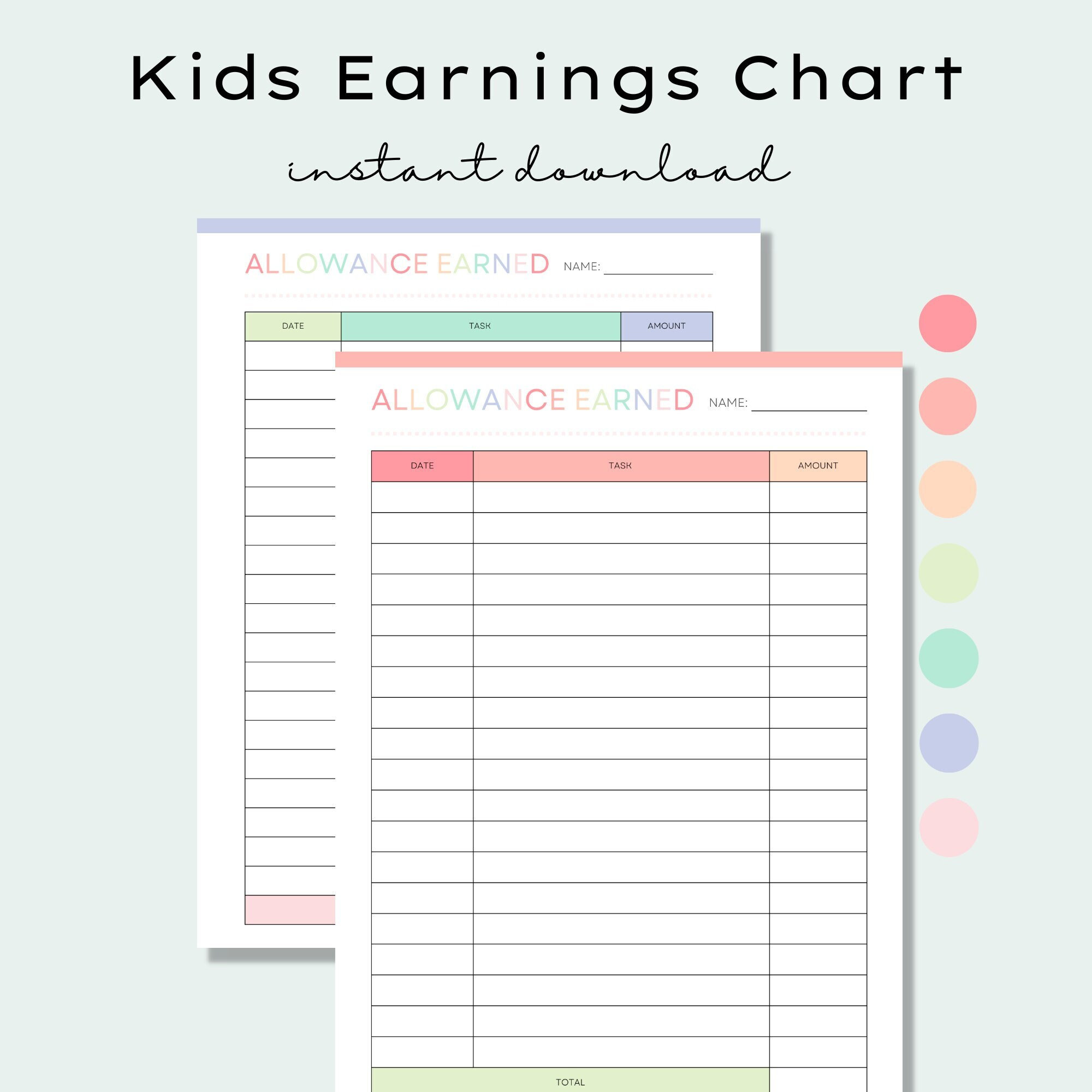 Printable Kids Allowance Chart, Allowance Tracker, Kids Savings Tracker ...