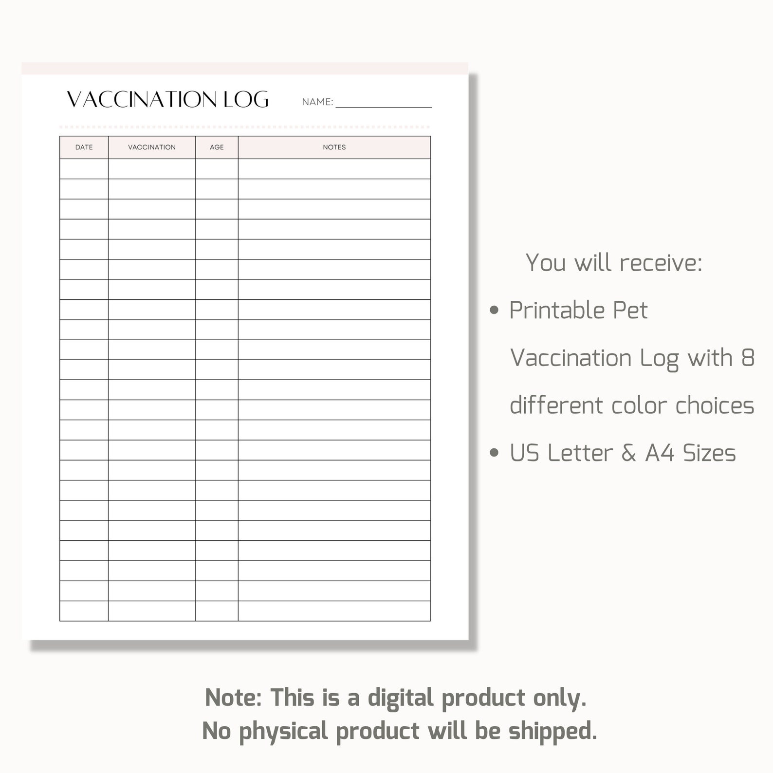 Printable Pet Vaccination Log, Vaccine Tracker, Dog Vaccination, Cat ...