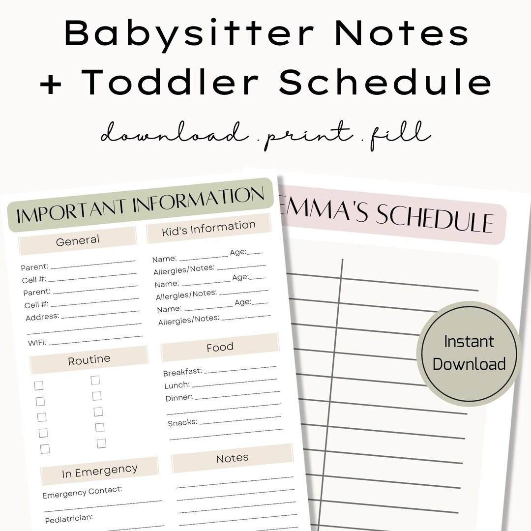 Printable Babysitter Important Information Sheet Toddler & - Etsy