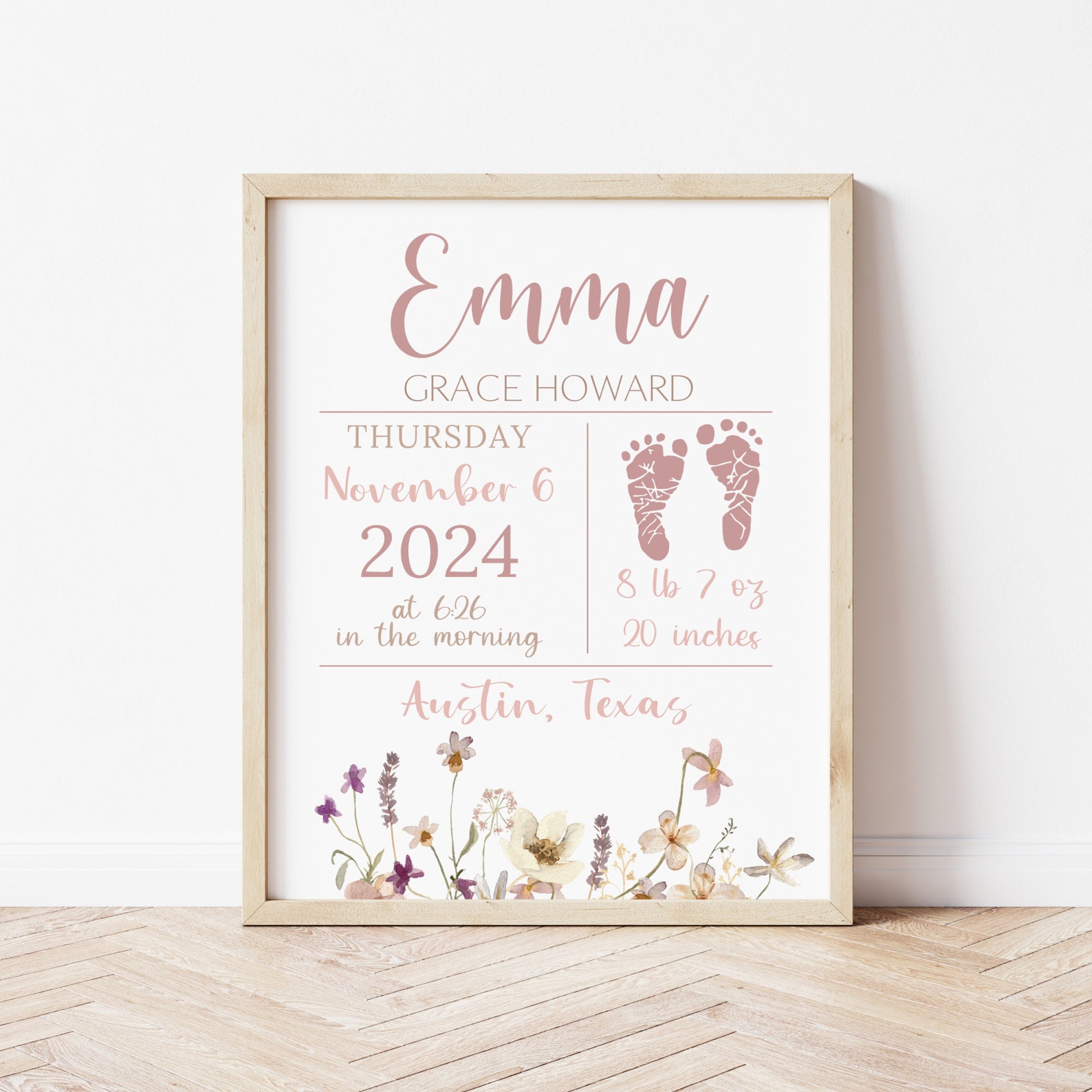 Baby Birth Stats Sign Girl, Printable Newborn Birth Details Print ...