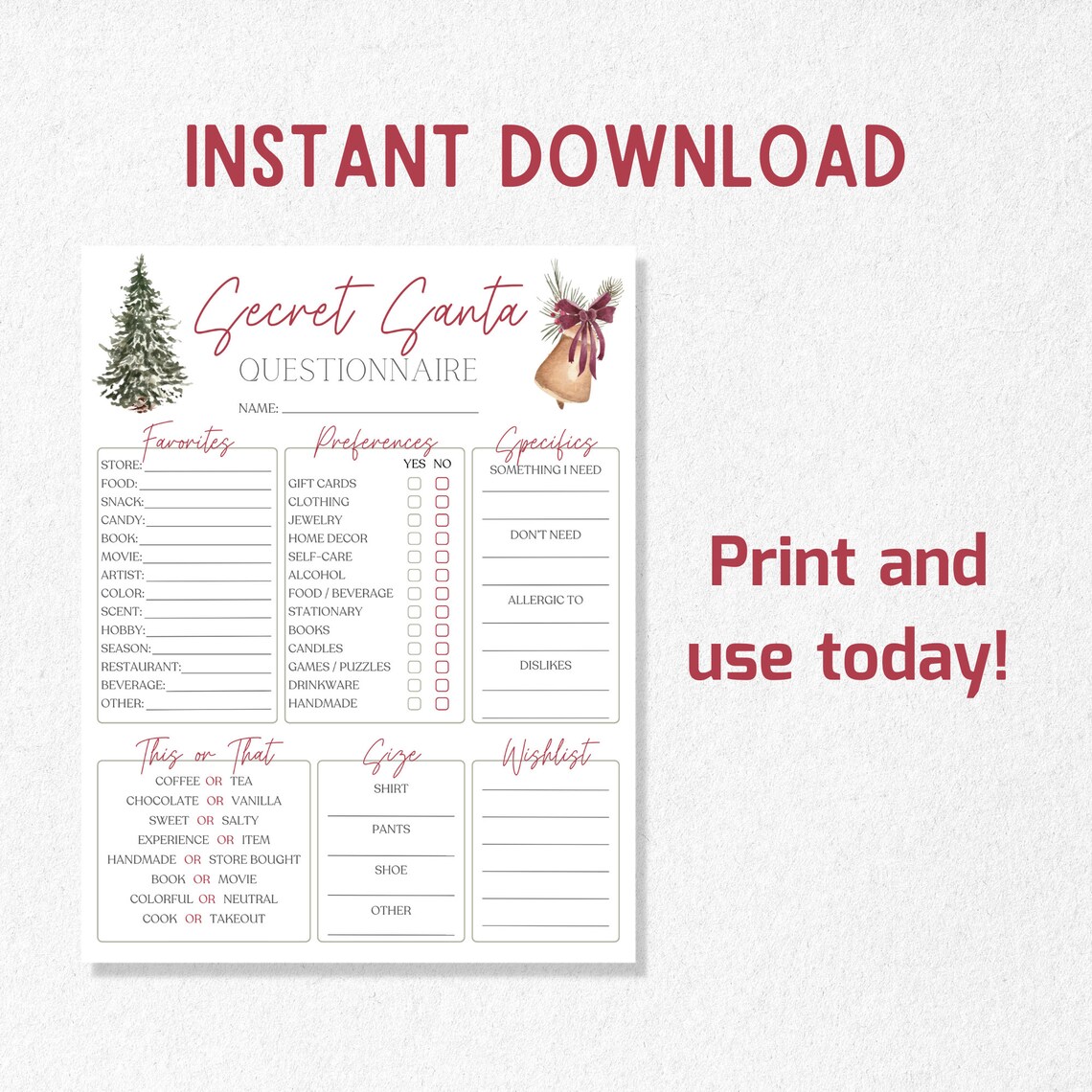 Secret Santa Questionnaire Printable, Secret Santa Gift Exchange ...