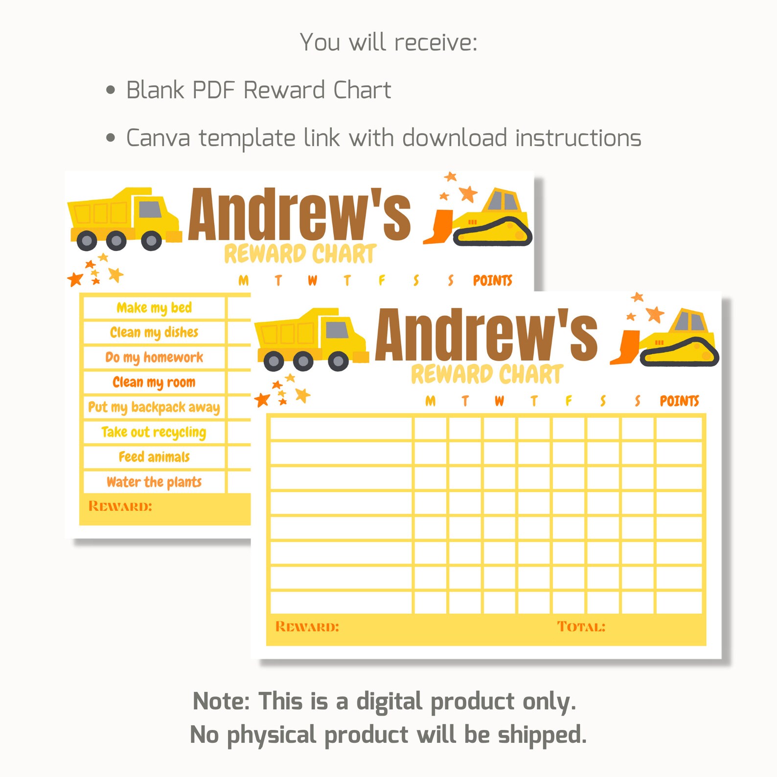 Construction Reward Chart, Printable Reward Chart, Editable ...