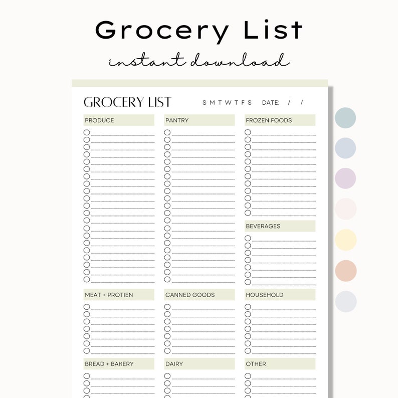 Grocery List Printable Template Food Shopping List Groceries Planner