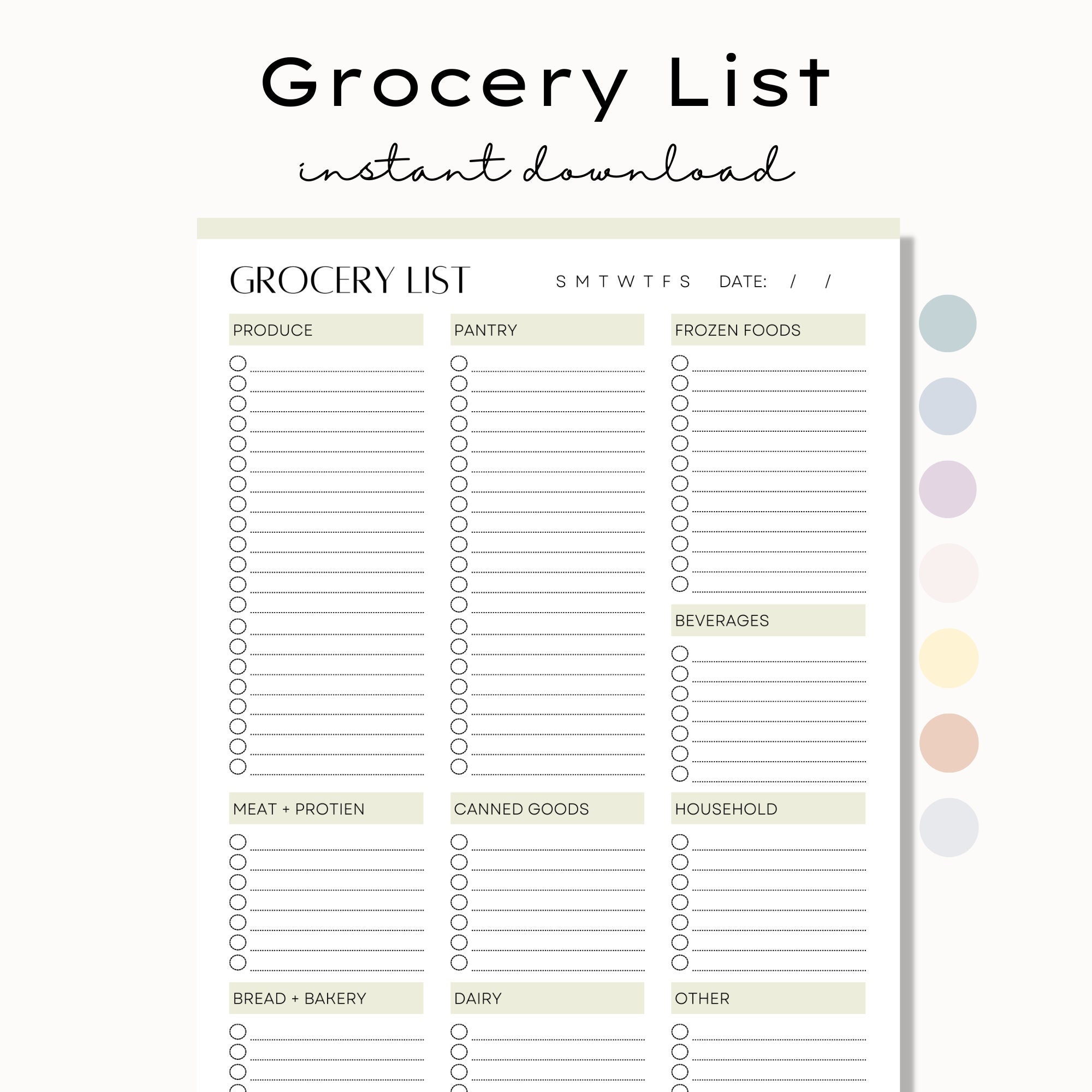 Grocery List Printable Template, Food Shopping List, Groceries Planner ...