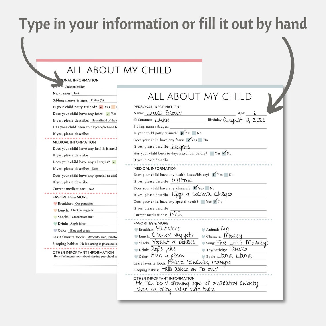 Printable Daycare All About Me Form, Child Information Sheet, Daycare ...