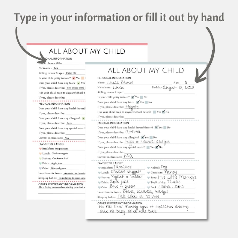 Printable Daycare All About Me Form, Child Information Sheet, Daycare ...