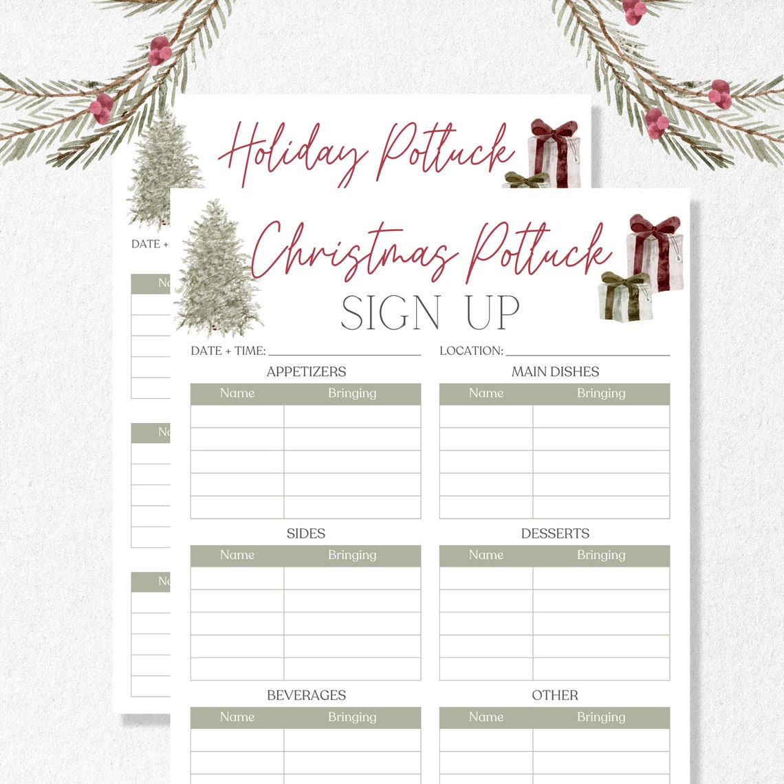 Christmas Potluck Sign up Sheet, Holiday Potluck Sign Up, Printable ...