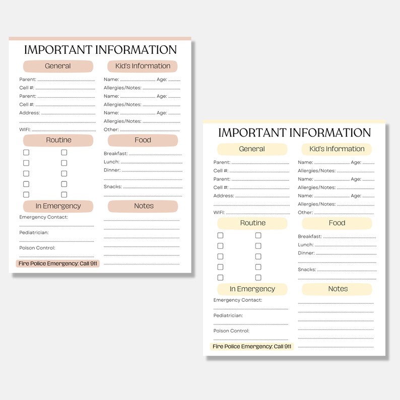Printable Babysitter Information Sheet Template, Nanny Note, Emergency ... Printable Babysitter Information Sheet Template, Nanny Note, Emergency ...