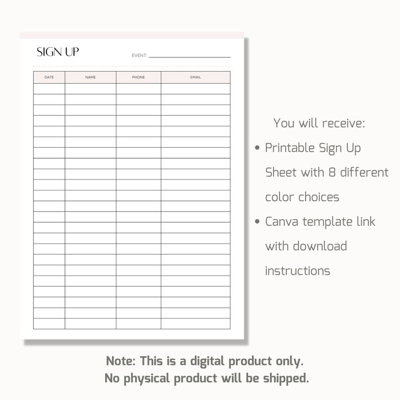 Printable Sign up Sheet Contact Sheet Event Sign up Form - Etsy