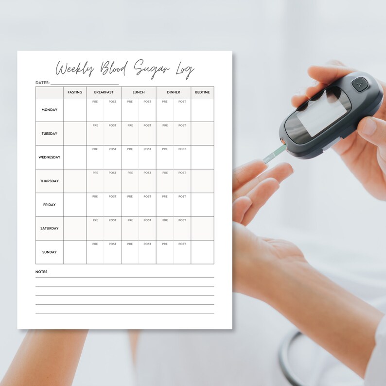 Printable Blood Sugar Log, Diabetes Tracker, Blood Glucose Log ...