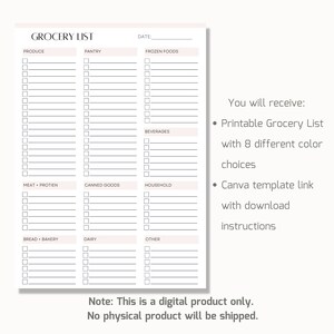 Grocery List Printable Template Food Shopping List Groceries - Etsy