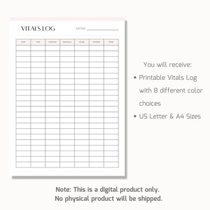 Printable Vitals Tracker Vitals Log Sheet Vital Sign Log - Etsy