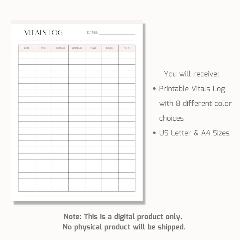Printable Vitals Tracker, Vitals Log Sheet, Vital Sign Log, Nursing ...