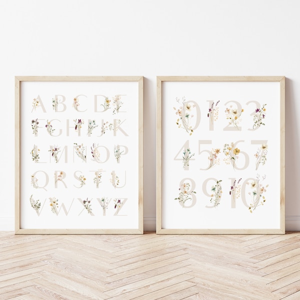 Set of 2 Wildflowers Alphabet Numbers Poster, Floral Alphabet Print ...