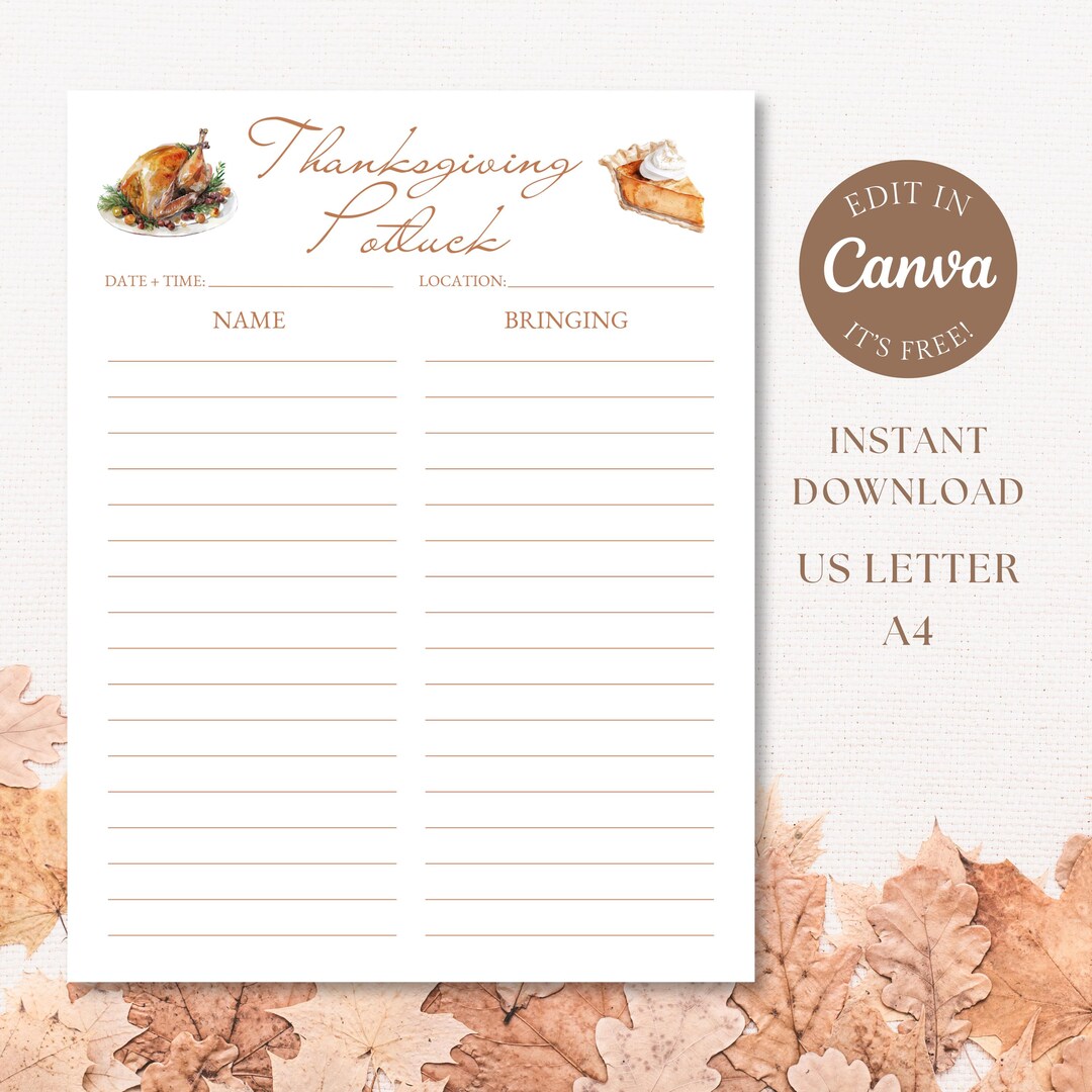 Editable Thanksgiving Potluck Sign up Sheet Template, Friendsgiving ...