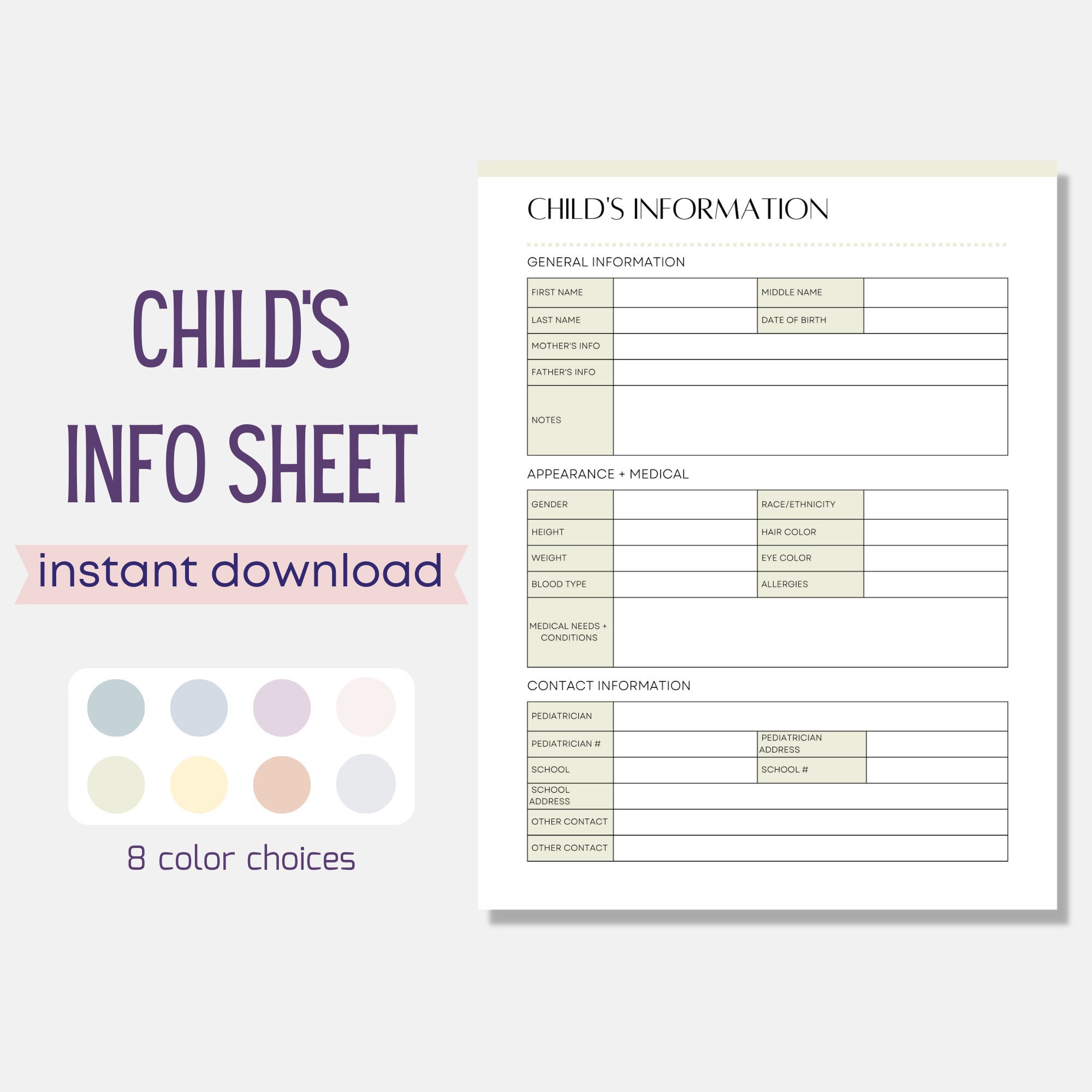 Printable Child Information Sheet Daycare Information Sheet - Etsy ...