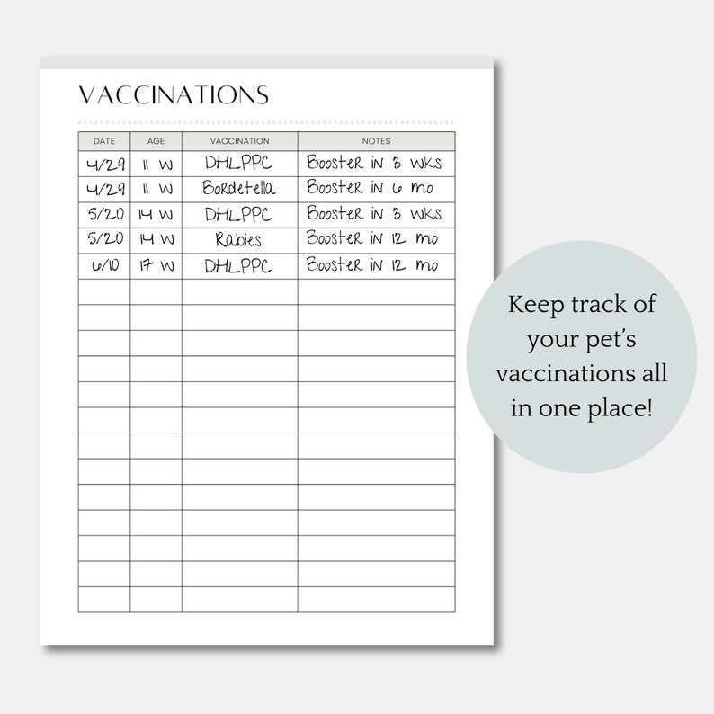 Printable Pet Vaccination Log, Pet Vaccine Record, Puppy Vaccination ...