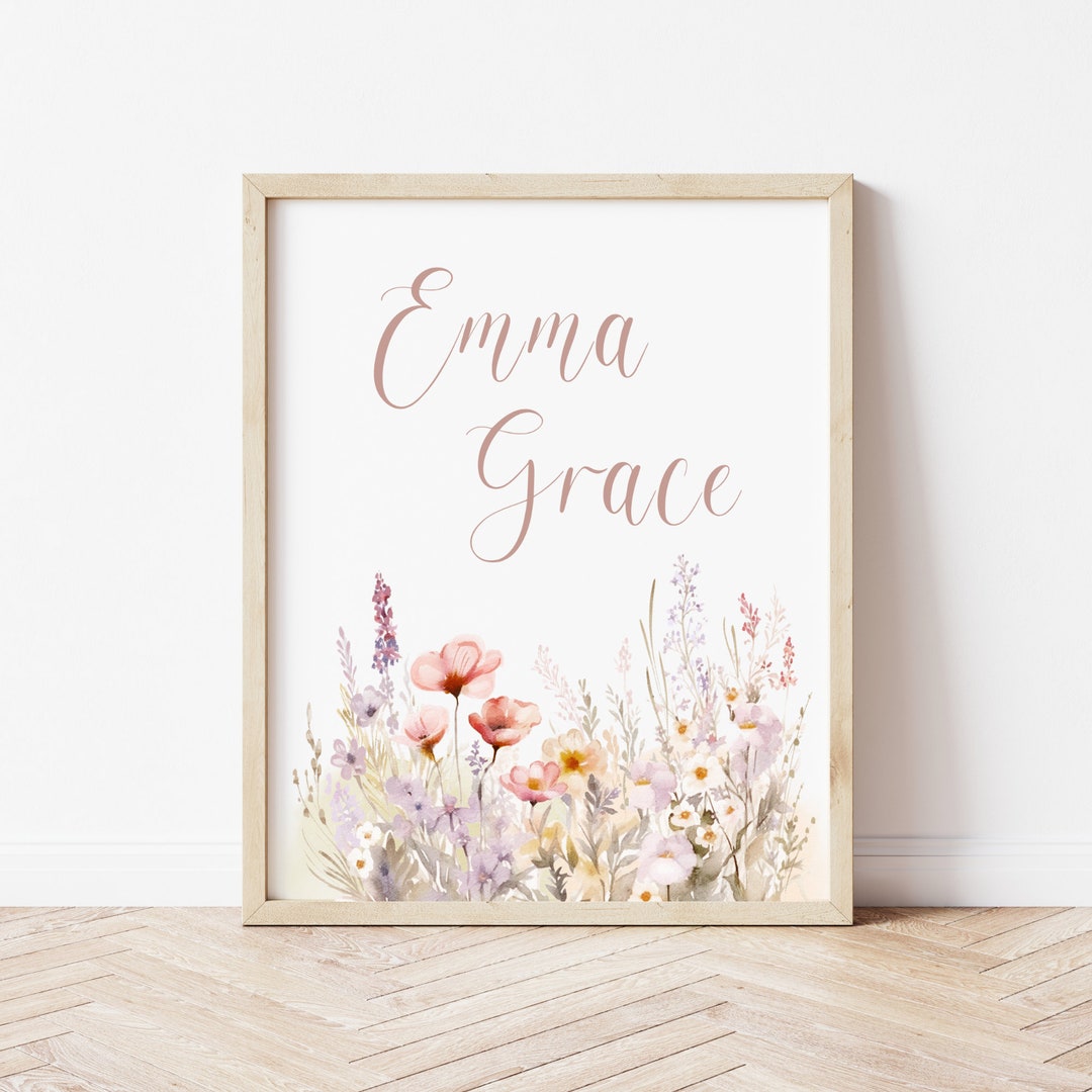 Custom Girl Name Print, Wildflower Nursery Prints, Personalized Name ...