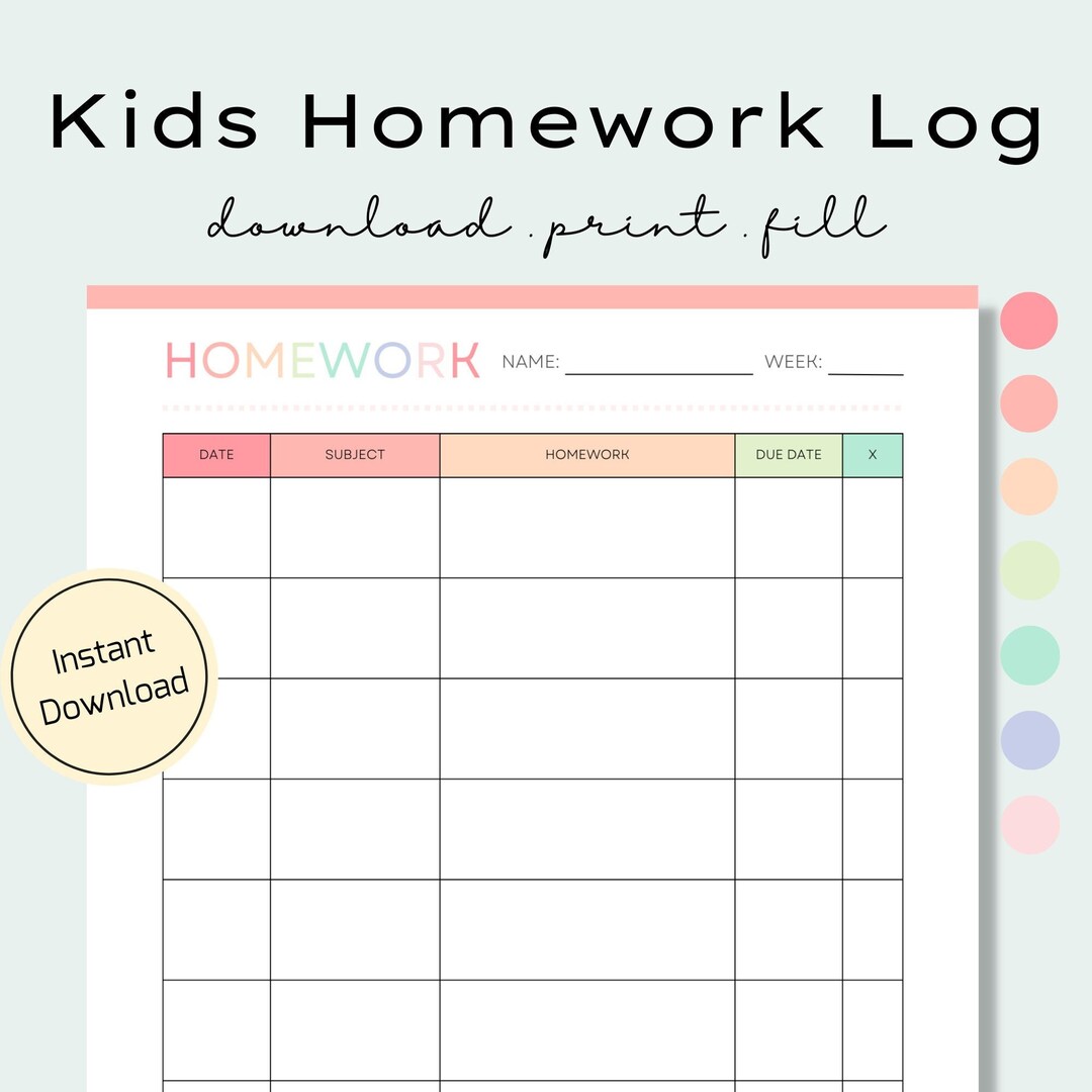 Homework Checklist Printable Weekly Homework Log Homework - Etsy UK