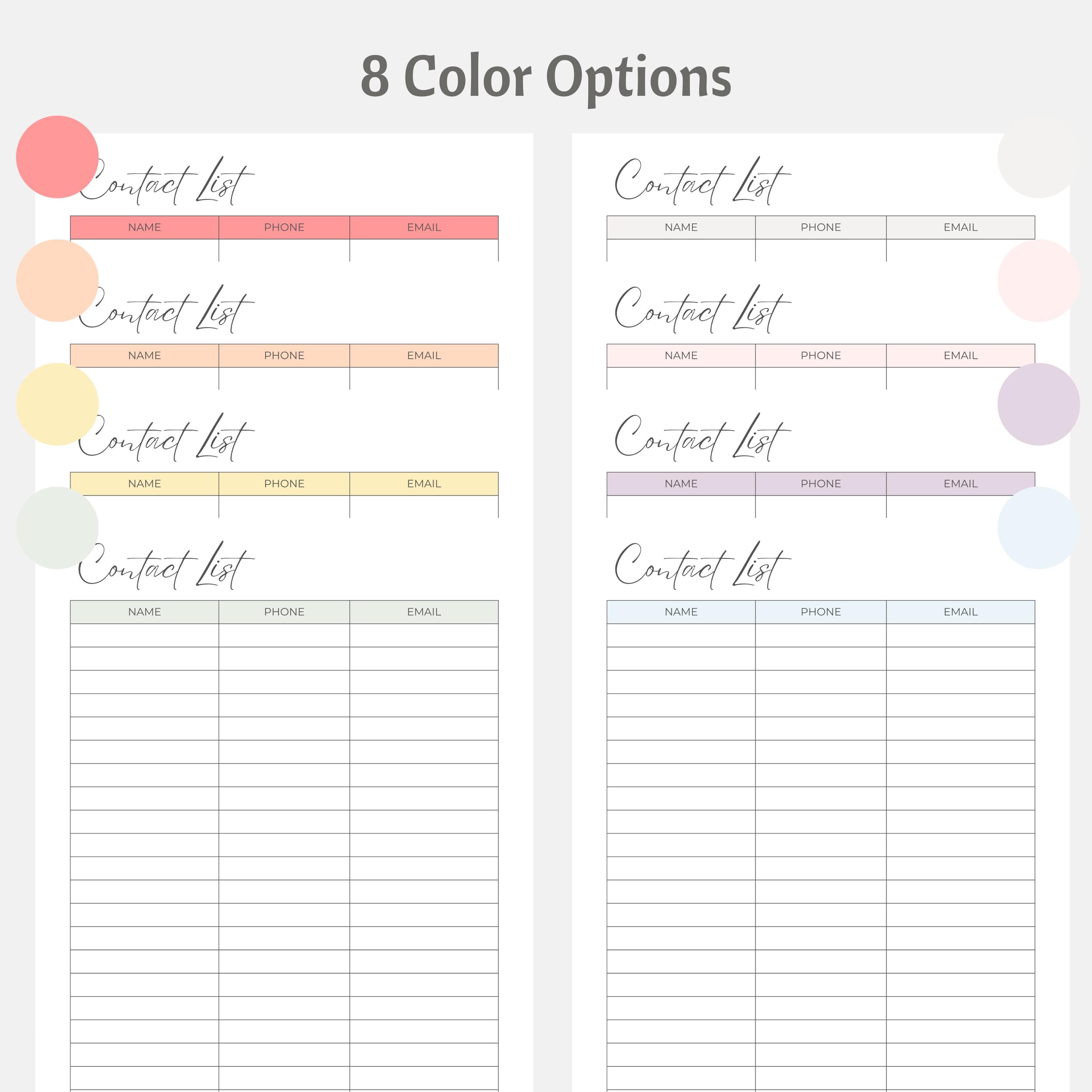 Editable Contact List Canva Template, Printable Contact List Sheet ...