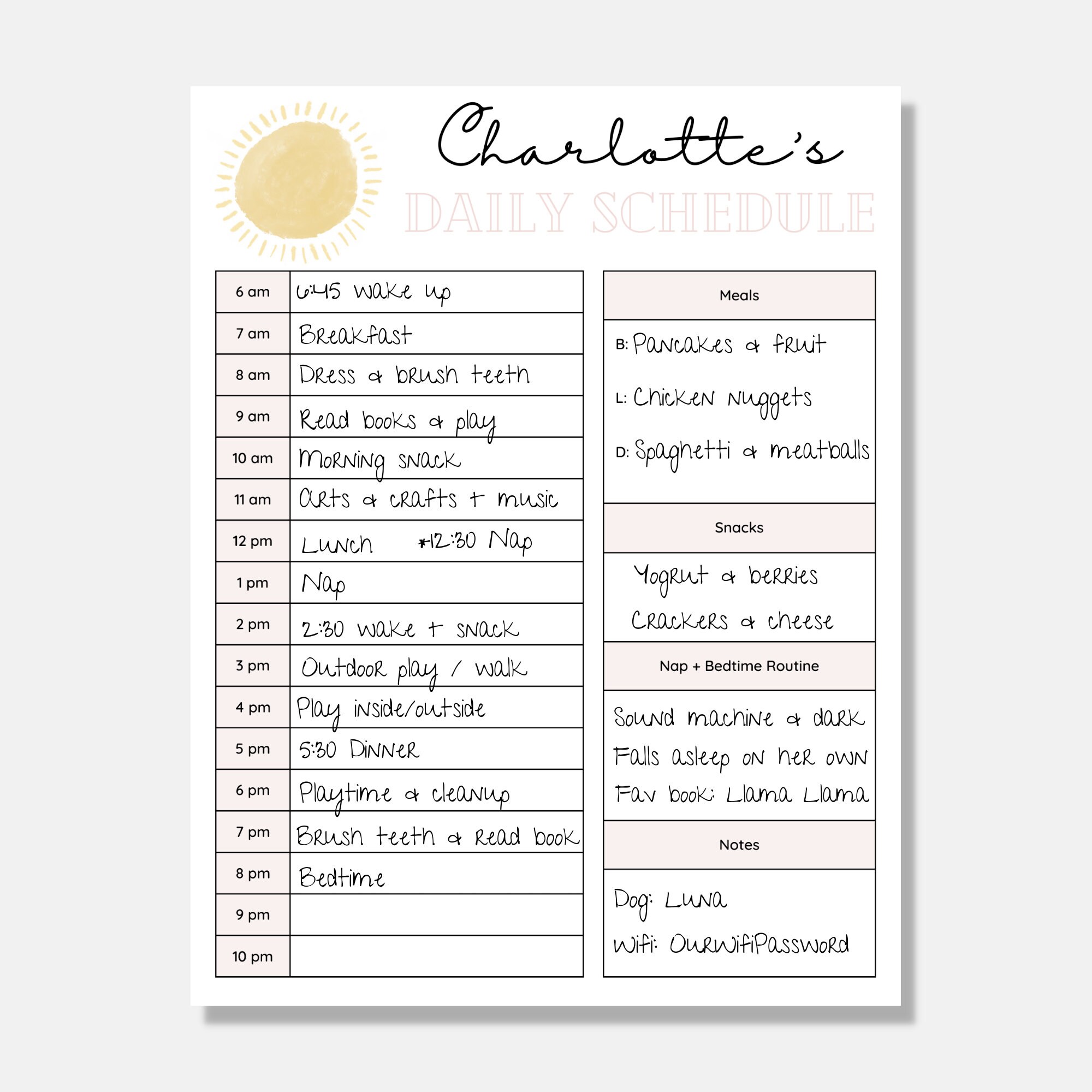 Printable Babysitter Schedule, Editable Nanny Schedule, Infant Schedule ...