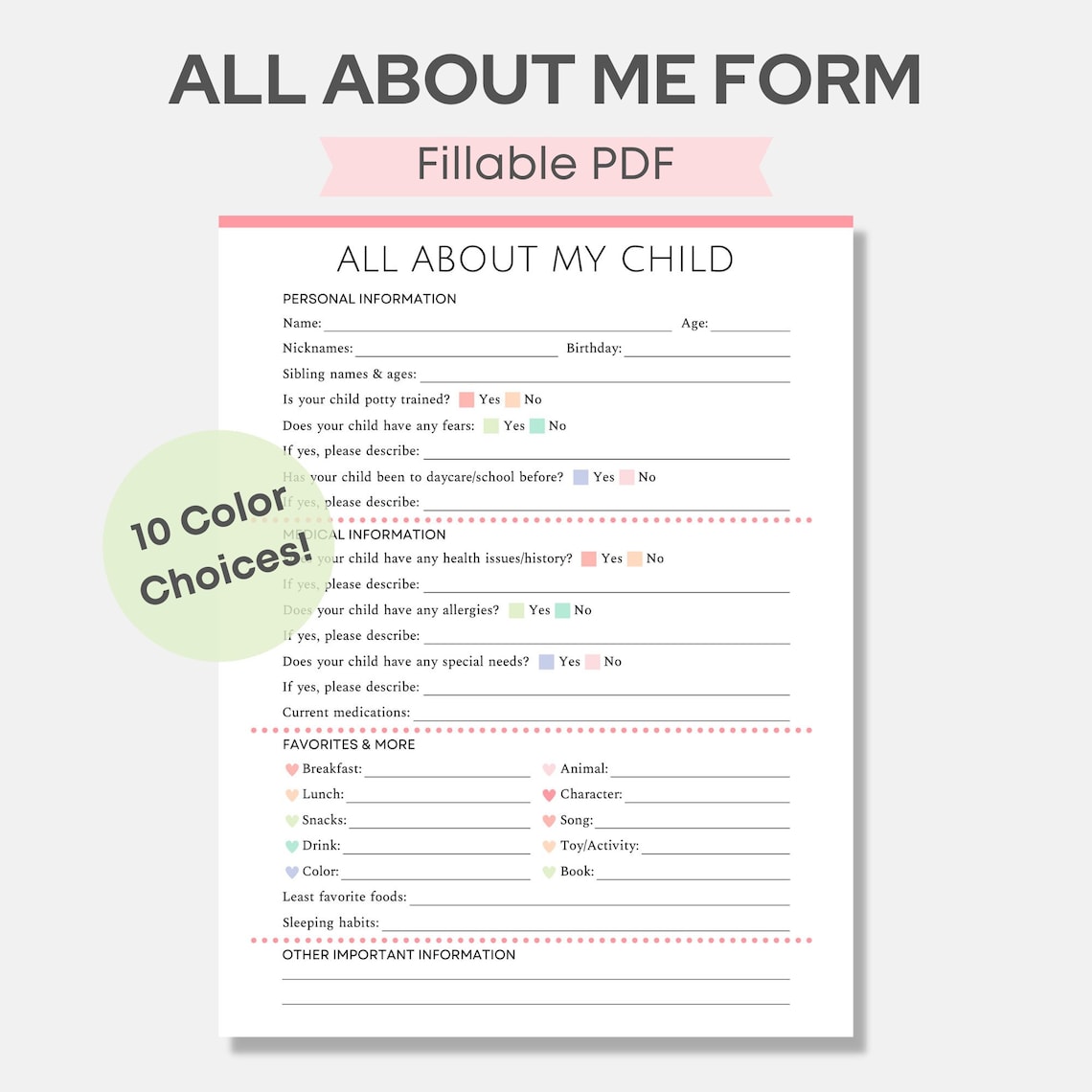 Editable Daycare All About Me Form, Printable Child Information Sheet, Daycare Information Forms ...