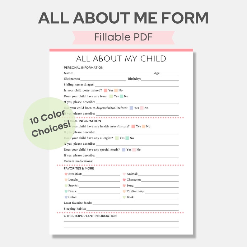 Editable Daycare All About Me Form, Printable Child Information Sheet ...