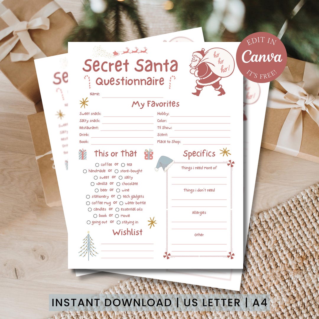 Secret Santa Questionnaire Printable, Editable Secret Santa Gift ...