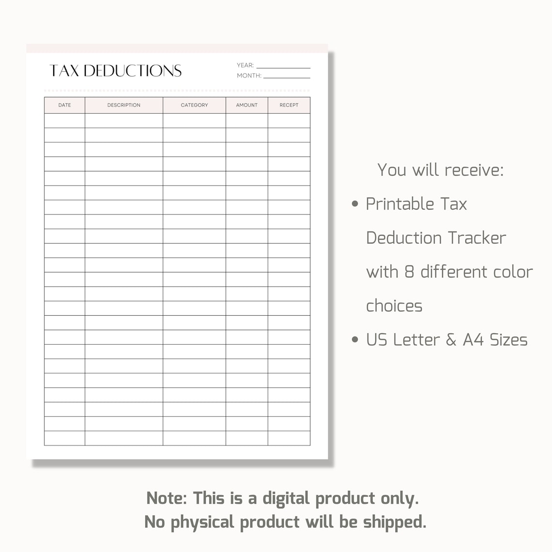 Printable Tax Deduction Tracker, Tax Deduction Log, Business Tax Log ...