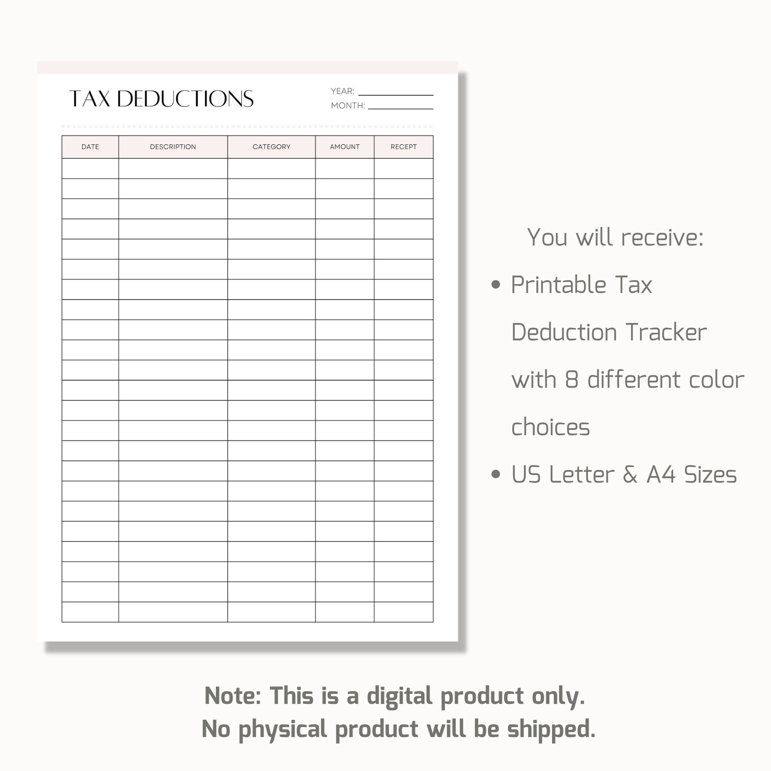 Printable Tax Deduction Tracker, Tax Deduction Log, Business Tax Log ...