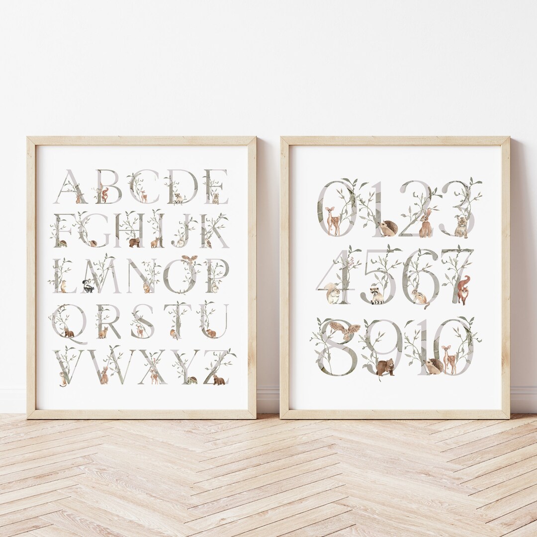 Set of 2 Woodland Creatures Alphabet Numbers Poster, Woodland Alphabet ...