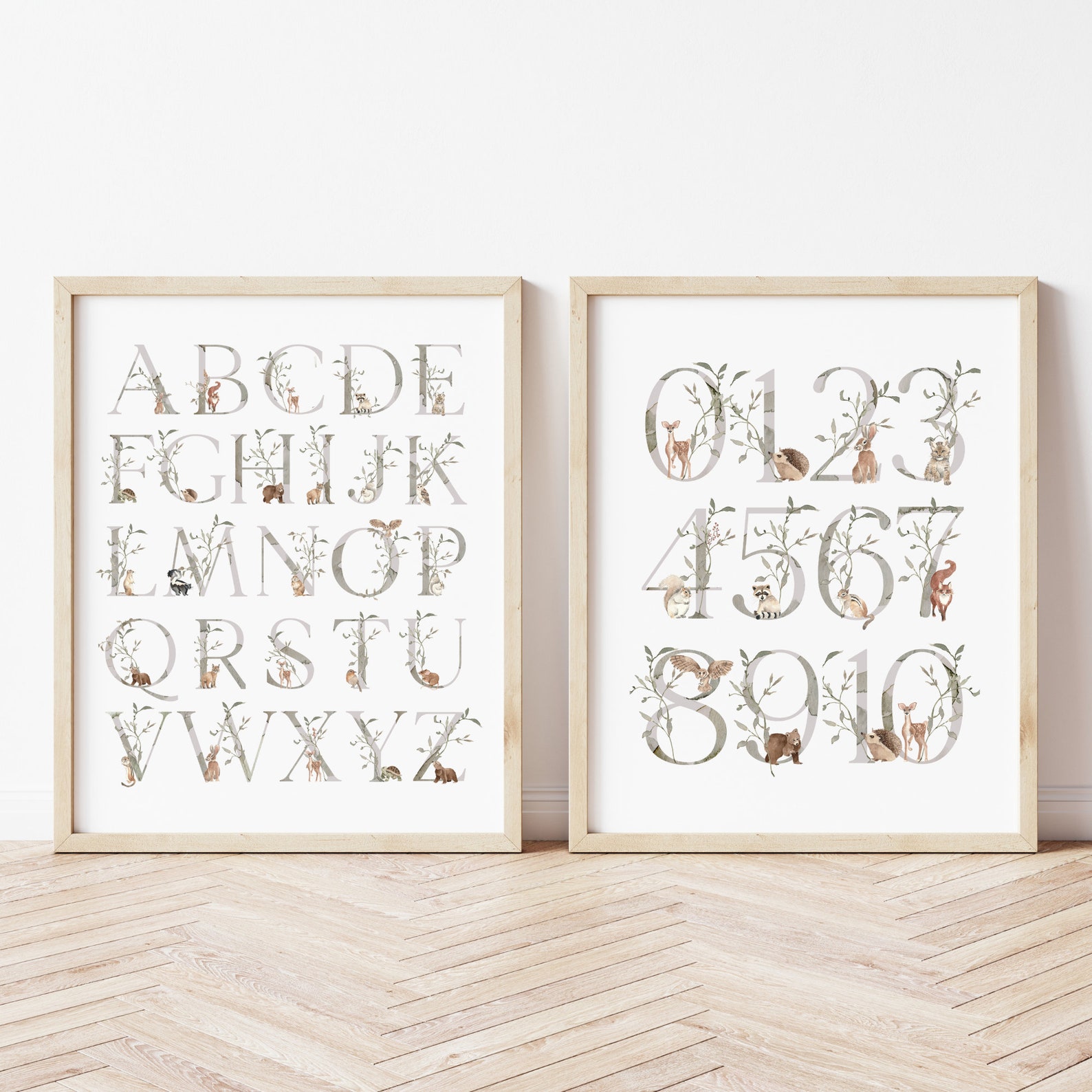 Set of 2 Woodland Creatures Alphabet Numbers Poster, Woodland Alphabet ...