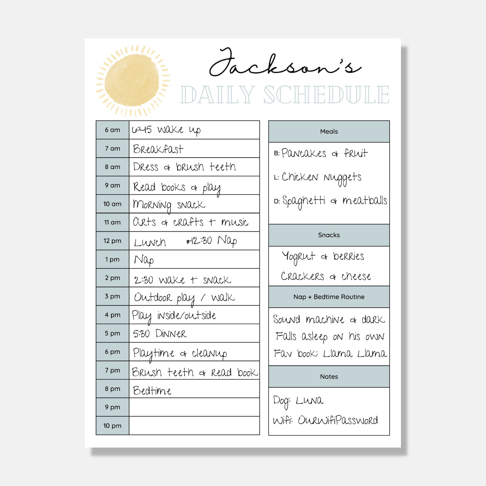 Printable Babysitter Schedule, Nanny Schedule, Infant Schedule ...