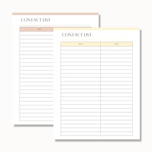 Printable Contact List, Contact Sheet, Phone Number List, Address Book ...