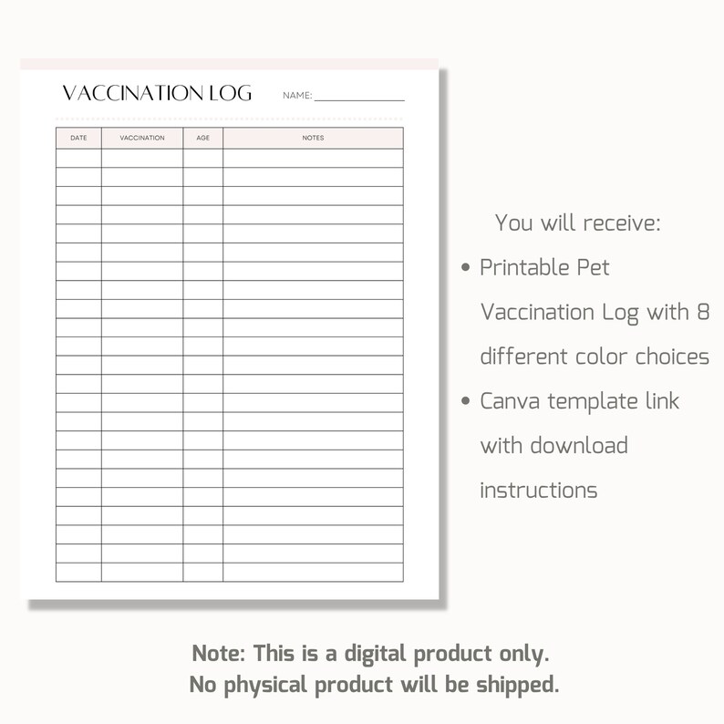 Printable Pet Vaccination Log Vaccine Tracker Dog - Etsy